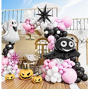 Pink Halloween Balloon Garland Arch Kit,130pcs Halloween Pink Black Silver Balloons With Starburst,Ghost,Bat Foil Balloons for Girl,Birthday,Baby Shower,Spooky One,Halloween Party Decorations