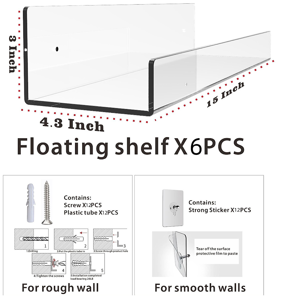 MIZUKUM 15-Inch Premium Clear Acrylic Wall Shelves: Versatile Floating Display Ledge for Books, Decor & Storage - Ideal for Living Room, Bedroom, Kitchen & Bathroom (6)