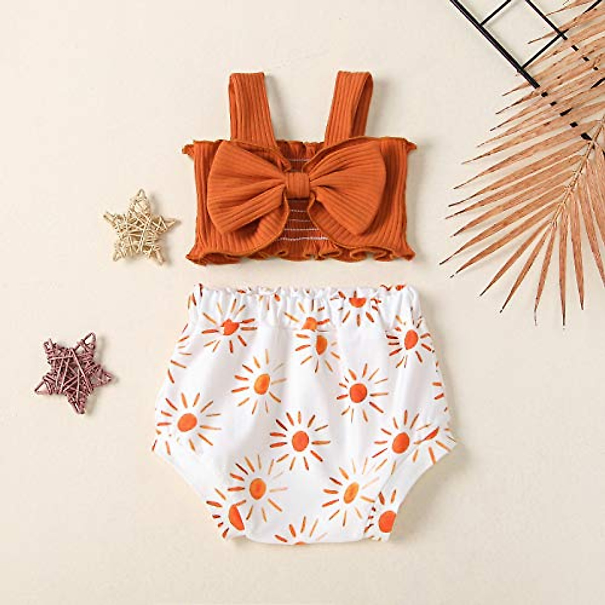 Toddler Girl Clothes Ribbed Bow Halter Crop Top Cute Tank Tops Rainbow Bloomers Shorts Baby Girl Summer Outfit (Brown-Sun, 12-18 Months)