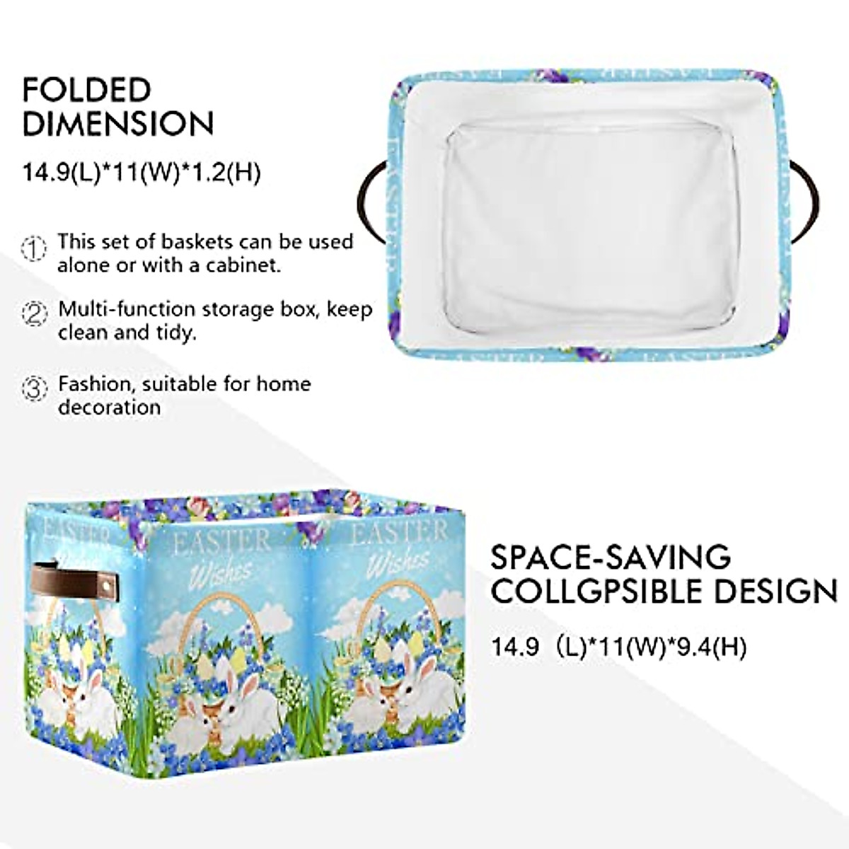 Foldable Storage Basket, Cube Organizer Bins Easter Egg Basket with Bunnies and Spring Flower Cube Bag Dual Handles for Closet Shelf