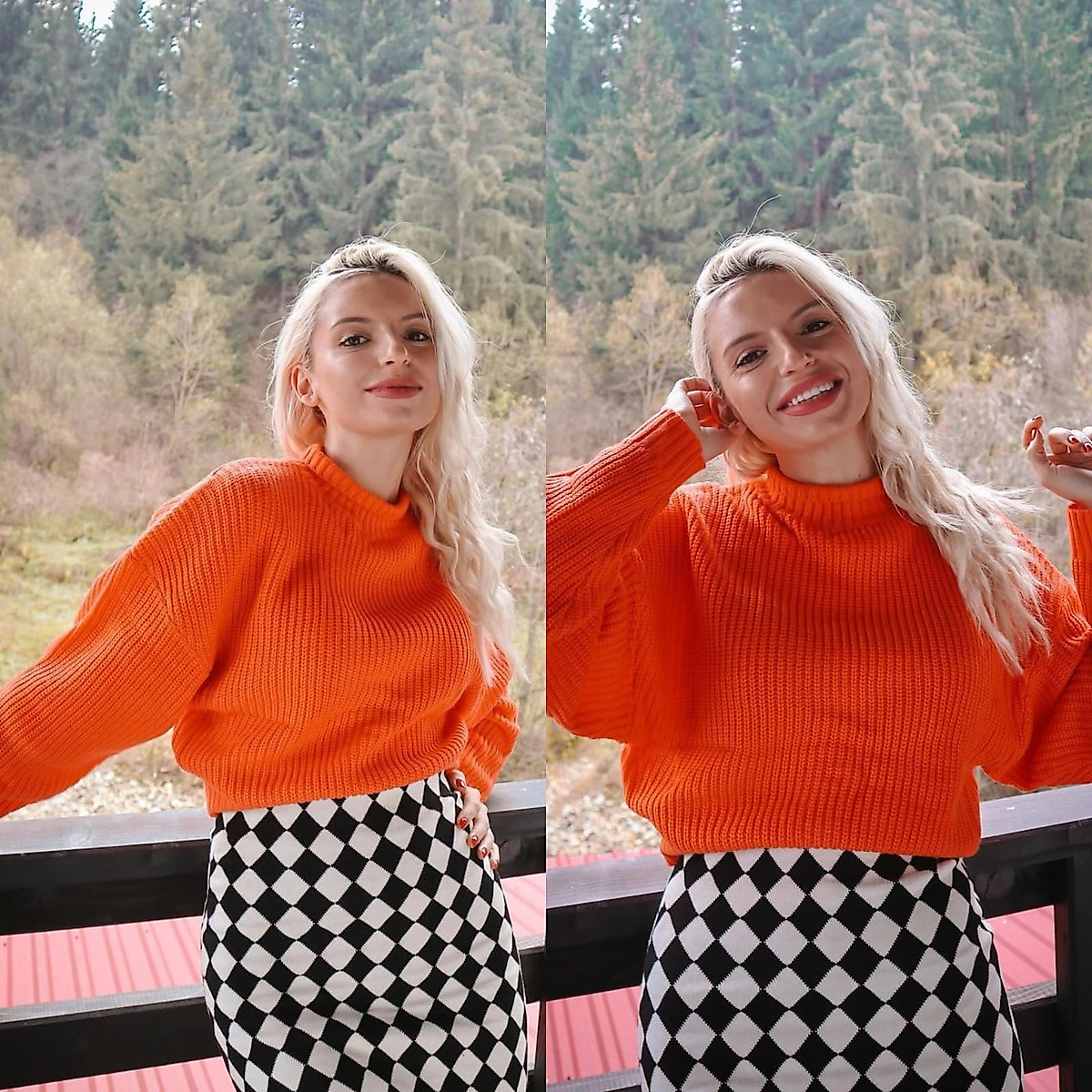 ZAFUL Women's Cropped Turtleneck Sweater Lantern Sleeve Ribbed Knit Pullover Sweater Jumper (1-Orange, M)