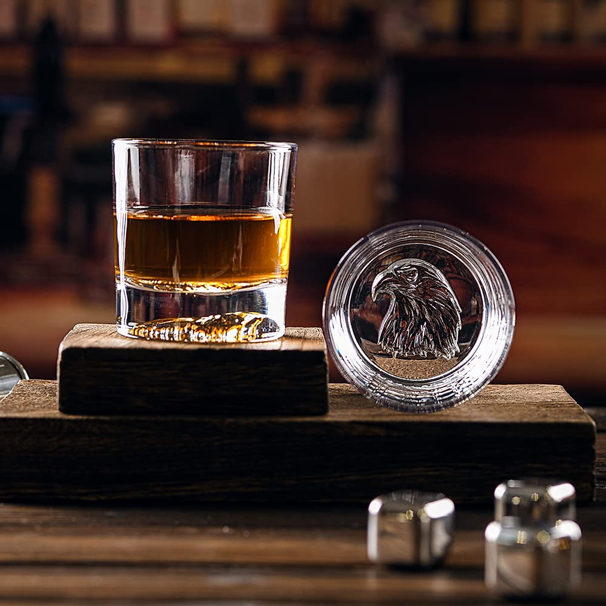 Whiskey Gifts for Men, 11 Oz Eagle Pattern Whiskey Glasses Set of 2 & Large Ice Ball Molds Set of 2 - Thick Base Rocks Glass for Bourbon Cocktails, Dad Husband Gift From Wife Daughter Son Kids