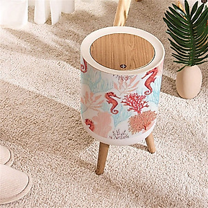 Small Trash Can with Lid Beautiful seamless tropical with corals sea horse Abstract geometric Round Recycle Bin Press Top Dog Proof Wastebasket for Kitchen Bathroom Bedroom Office 7L/1.8 Gallon