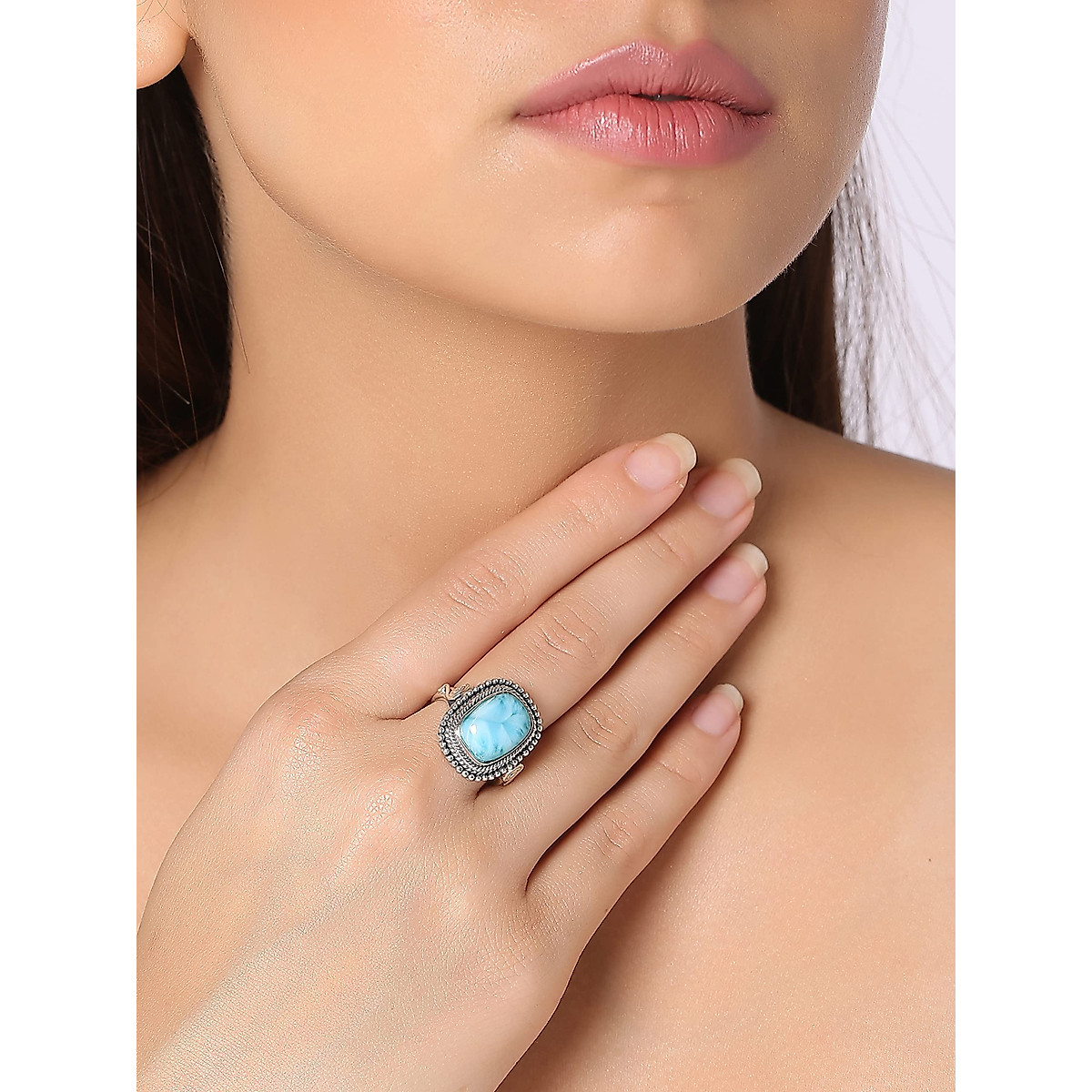 YoTreasure Natural Larimar Solid 925 Sterling Silver Ring Jewelry
