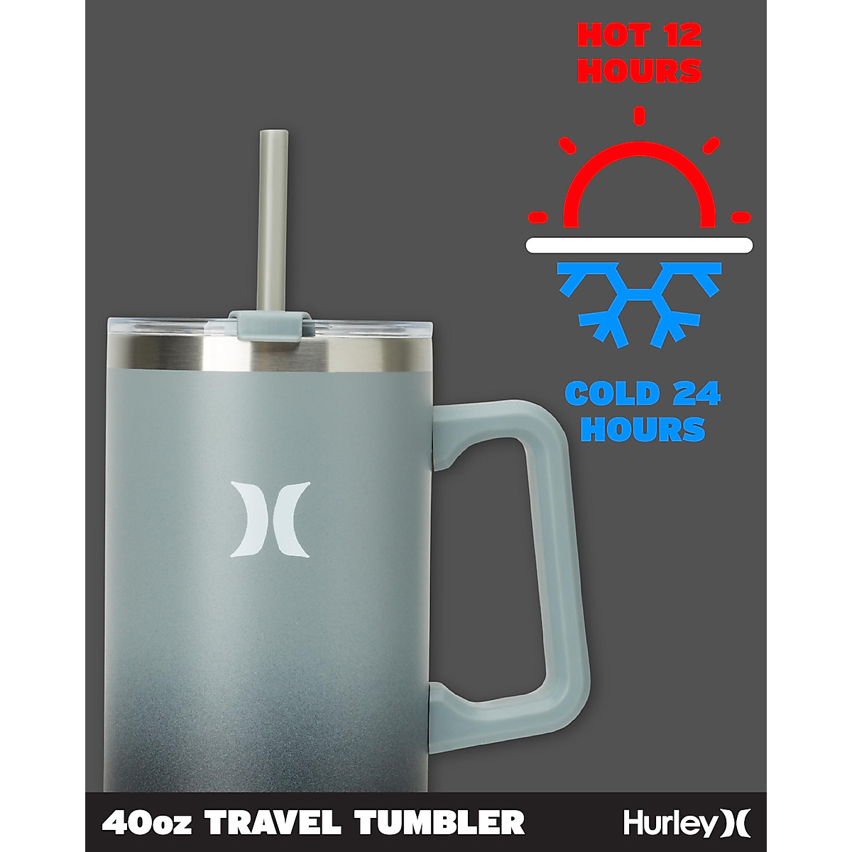 Hurley Tumbler Thermos - 40oz Double Wall Vacuum Insulated Travel Mug with Handle - BPA Free Stainless Steel Water Bottle - Leak Proof Hot and Cold Coffee Car Cup, Size 40 Ounces, Gradient Black/Grey