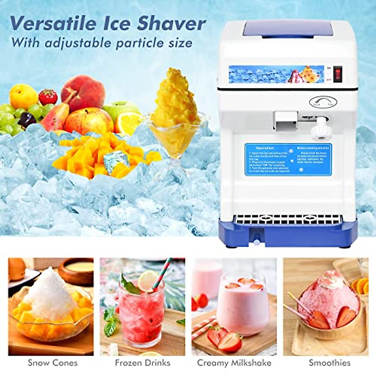 PETSITE Electric Ice Crusher Shaver, 250W Adjustable Shaved Ice Maker Machine, 265LBS/H, Snow Cone Maker for Home and Commercial Use, White Blue