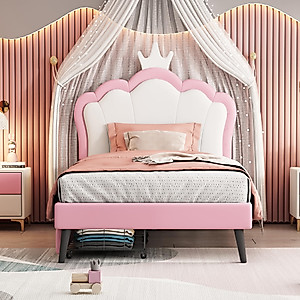 SOFTSEA Twin Size Princess Bed with Storage Drawers, Faux Leather Platform Bed with Crown Headboard for Kids Girls, No Box Spring Needed, Pink