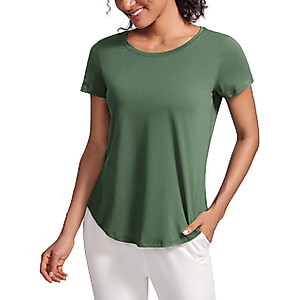 CRZ YOGA Pima Cotton Womens Short Sleeve Shirt Loose Casual Yoga T-Shirt Athletic Workout Tops Nature Green Large