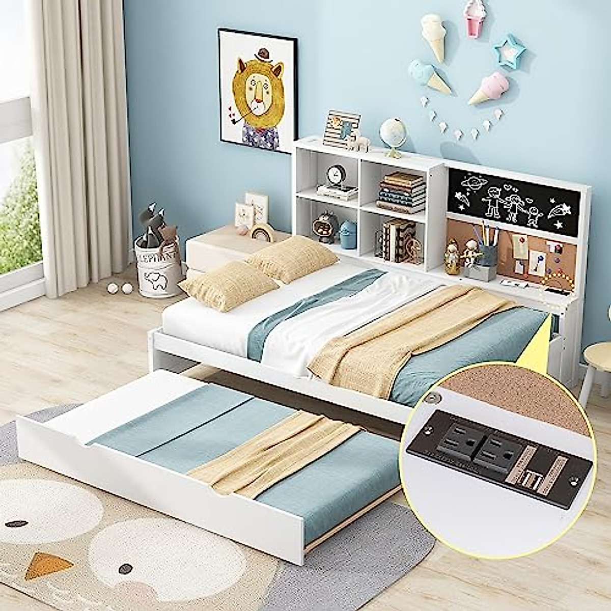 Harper & Bright Designs Full Size Daybed Twin Size Trundle,USB Ports and Storage Shelves,Wood Full Size Bed Frame Blackboard,Cork board and Bookshelf,Full Sofa Bed Living Room Bedrooms,White