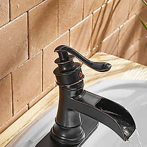 BWE Bathroom Sink Faucet Oil Rubbed Bronze Waterfall with Pop Up Drain Stopper Assembly Water Supply Hose Rustic Lead-Free Lavatory Vanity Bath Black Farmhouse Faucet Single Handle Mixer Single Hole