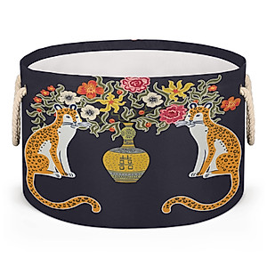 AUUXVA Vintage Chinese Tiger Chinoiserie Flower Round Storage Basket Collapsible Laundry Baskets Cube Storage Boxes Bins For Bedroom Shelf Bathroom Toy Organizer
