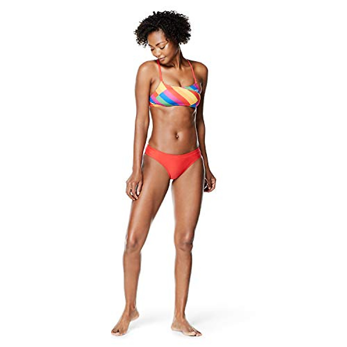 Speedo Women's Standard Swimsuit Top Bikini Endurance Strappy Back Demi, Pride Sliced Squares, Medium