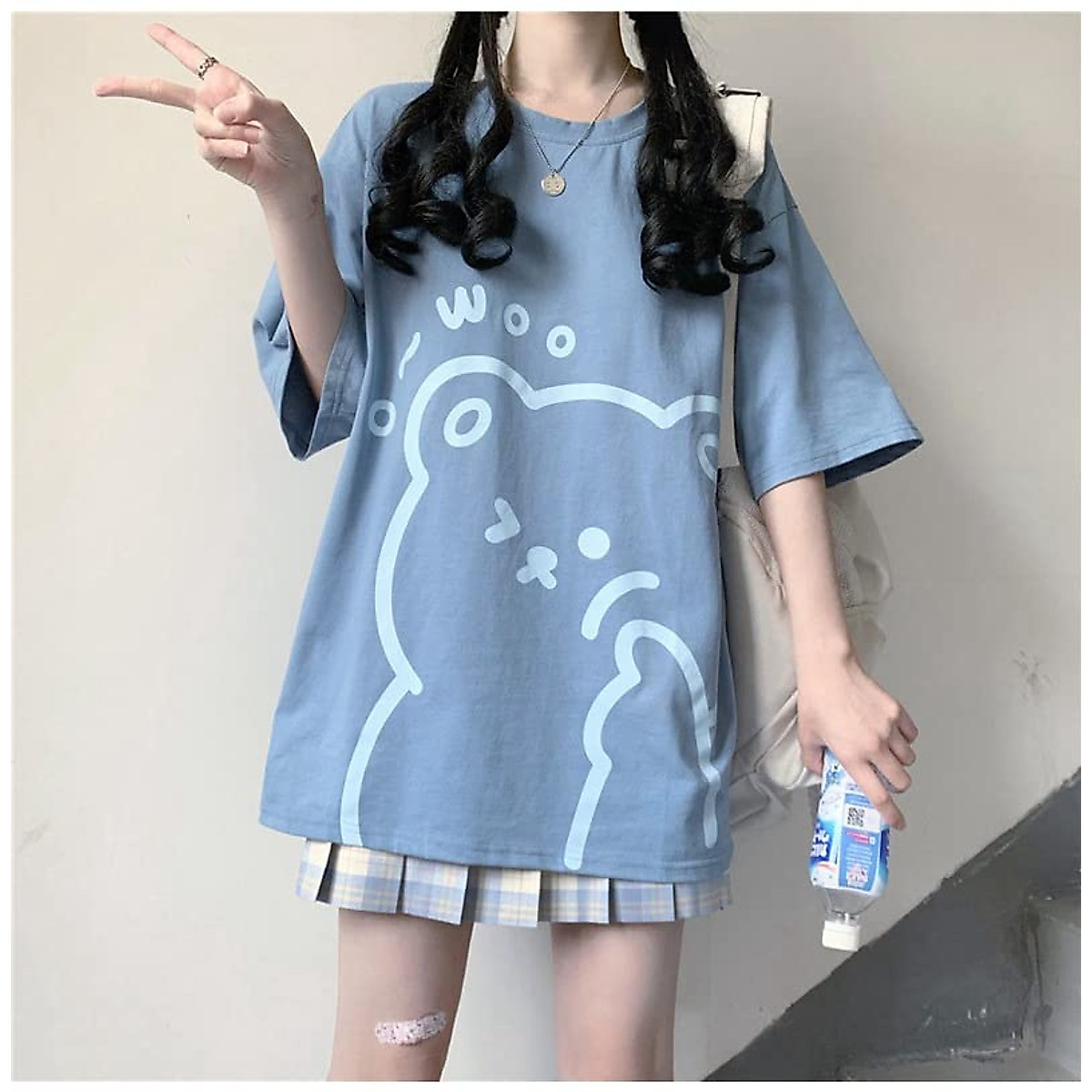 Tyadorw Women's Aesthetic Kawaii Bear Graphic Tee - Japanese Streetwear Harajuku Oversized T-Shirt (Blue, Medium)