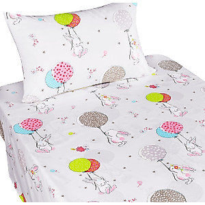 J-pinno Cute Cartoon Rabbit Bunny 100% Cotton 3 Pieces Twin Sheet Set for Kids Girls Children Flat Sheet + Fitted Sheet + Pillowcase Bedding Decoration Gift Set