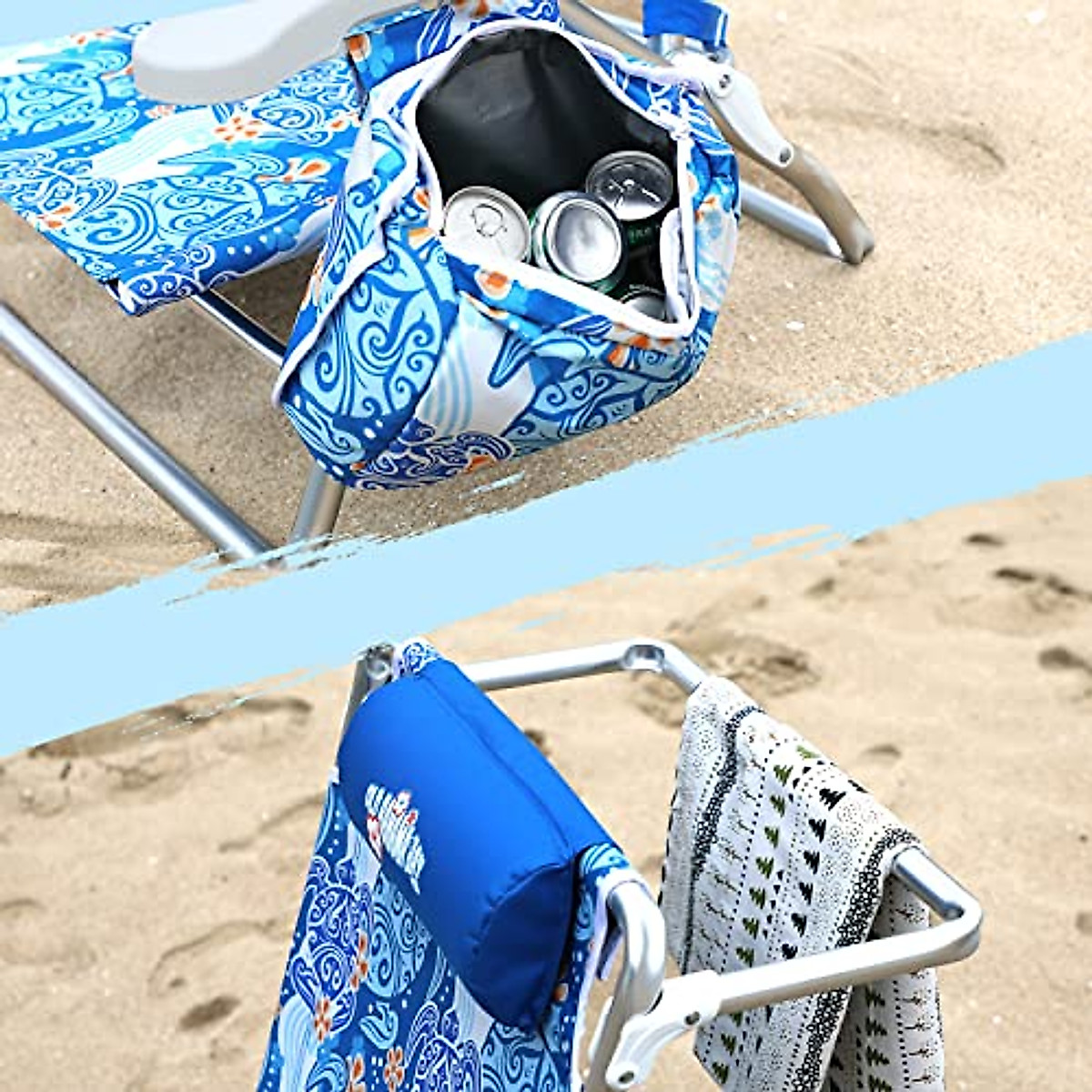 Old Bahama Bay Reclining Beach Chair Backpack 5-Position Lay Flat Lounge Chair for Adults Heavy Duty Portable Folding Lightweight with Cooler Bag Camping Chair for Sand Outdoor Blue