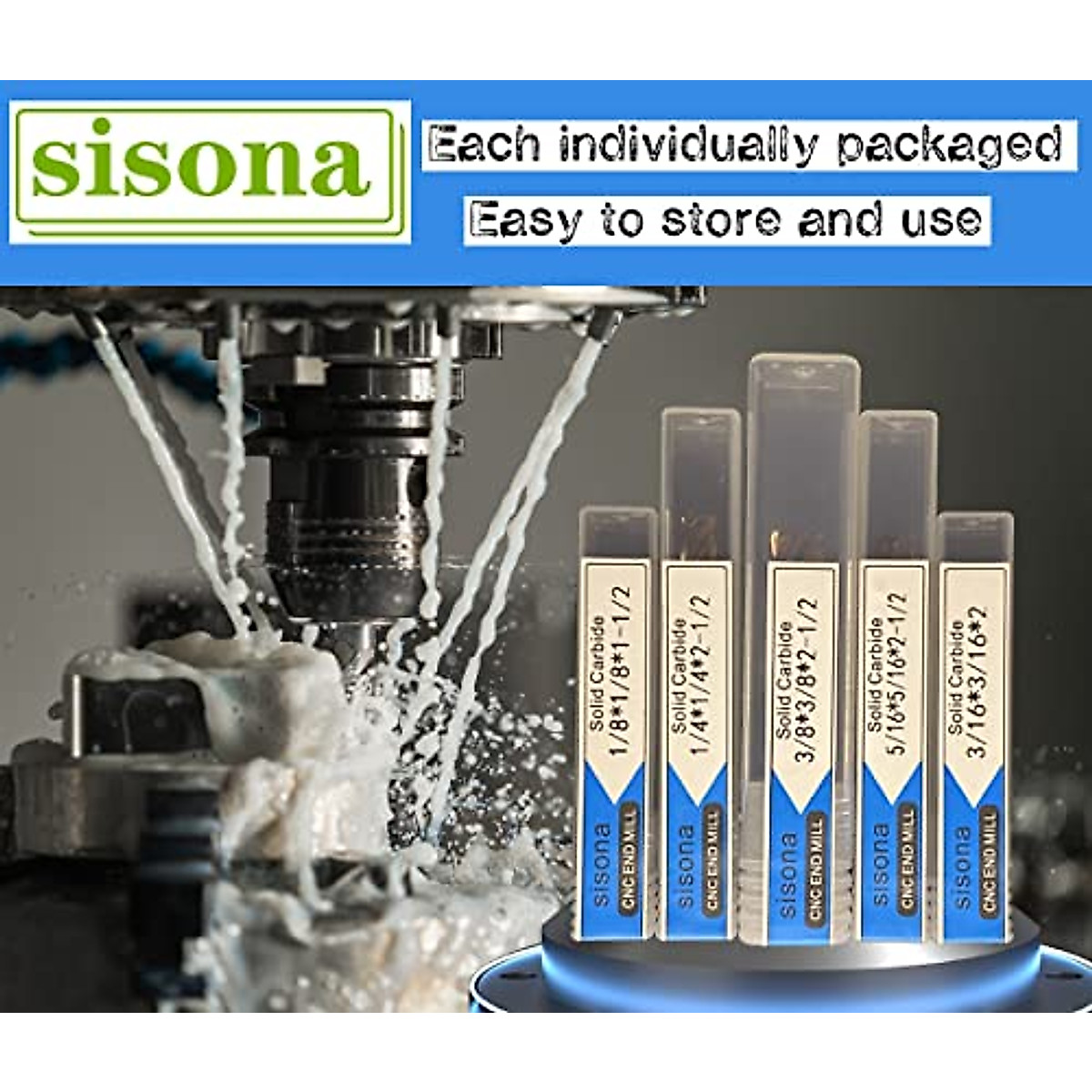 sisona 1/8" 3/16" 1/4" 5/16" 3/8" Carbide End Mills Set - Solid Carbide (Tungsten Carbide + Cobalt) - 5Pcs 4 Fulte CNC Mill Bits for Steel - TISIN Coated