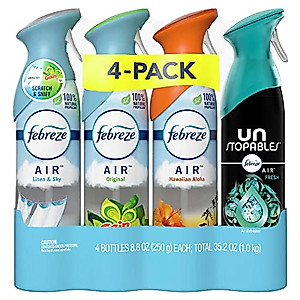 Febreze Air Freshener and Odor Eliminator Spray– one each of Linen & Sky, Original, Hawaiian Aloha and Fresh Scents. 250g or 8.8oz each (Pack of 4)
