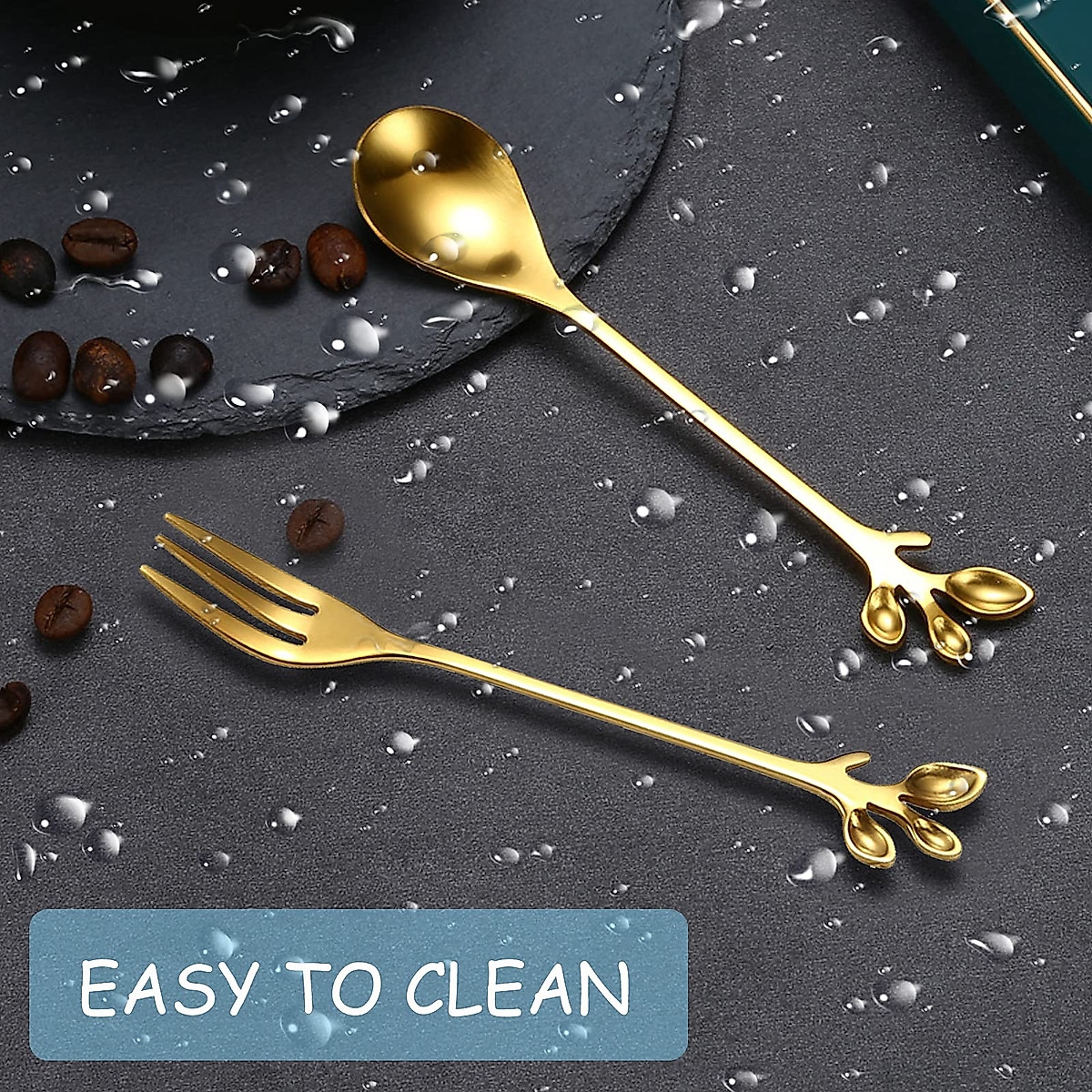 12 Pieces Stainless Steel Gold Leaf Coffee Spoon, findTop Spoons Fruit Forks Stainless Steel Mini Creative Tableware for Sugar Cake Ice Cream Tea Stirring Mixing Tea Spoon and Fork Set (Gold)