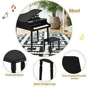 Costzon Classical Kids Piano, 30 Keys Wood Toy Grand Piano with Music Stand and Bench, Mini Musical Toy for Child, Ideal for Children's Room, Toy Room, Best Gifts (Straight Leg, Black)