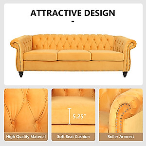 QHITTY Accent Large Sofa, Chesterfield Couch 3 Seater Modern Velvet Couch Upholstered Sofa with Tufted Back for Living Room Furniture (Mango)