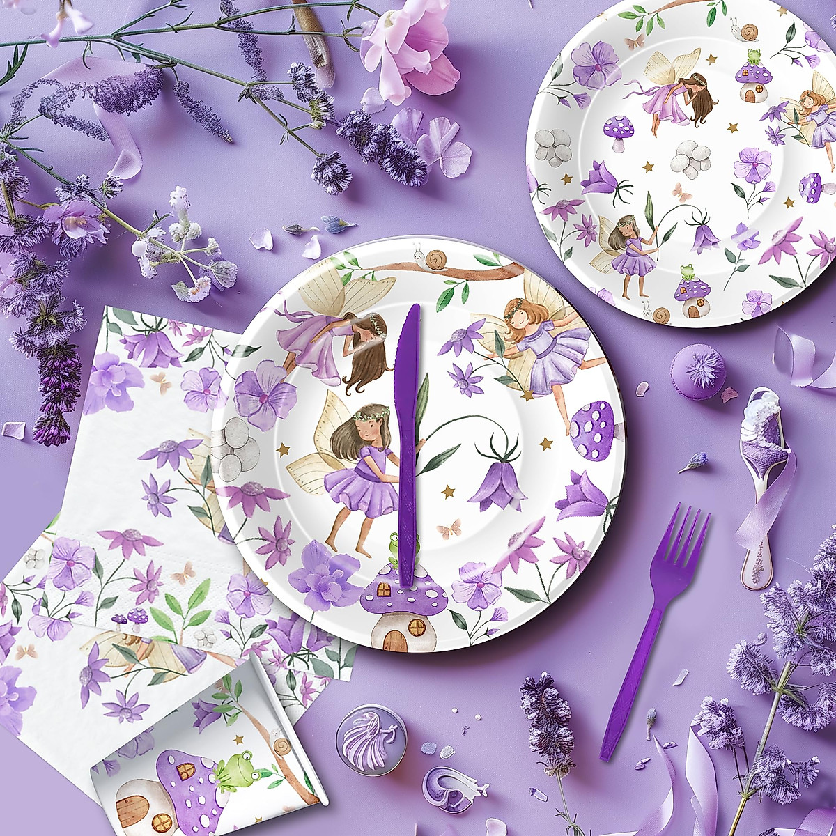 Xenorik Fairy Party Decorations Tableware - Purple Fairy Birthday Party Supplies, Paper Plate, Cup, Napkin, Cutlery, Flower Fairies Princess Enchanted Forest Garden Baby Shower Decorations | Serve 24