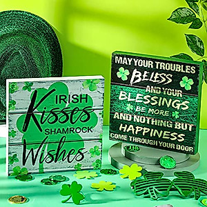 2 Pieces St. Patrick's Day Wood Decors Wood Box Signs Irish Rustic Tabletop Decor Wood Block Plaque May Your Blessings Irish Kisses Shamrock Wishes for St. Patrick Home Table Decorations, 8 x 8 Inch