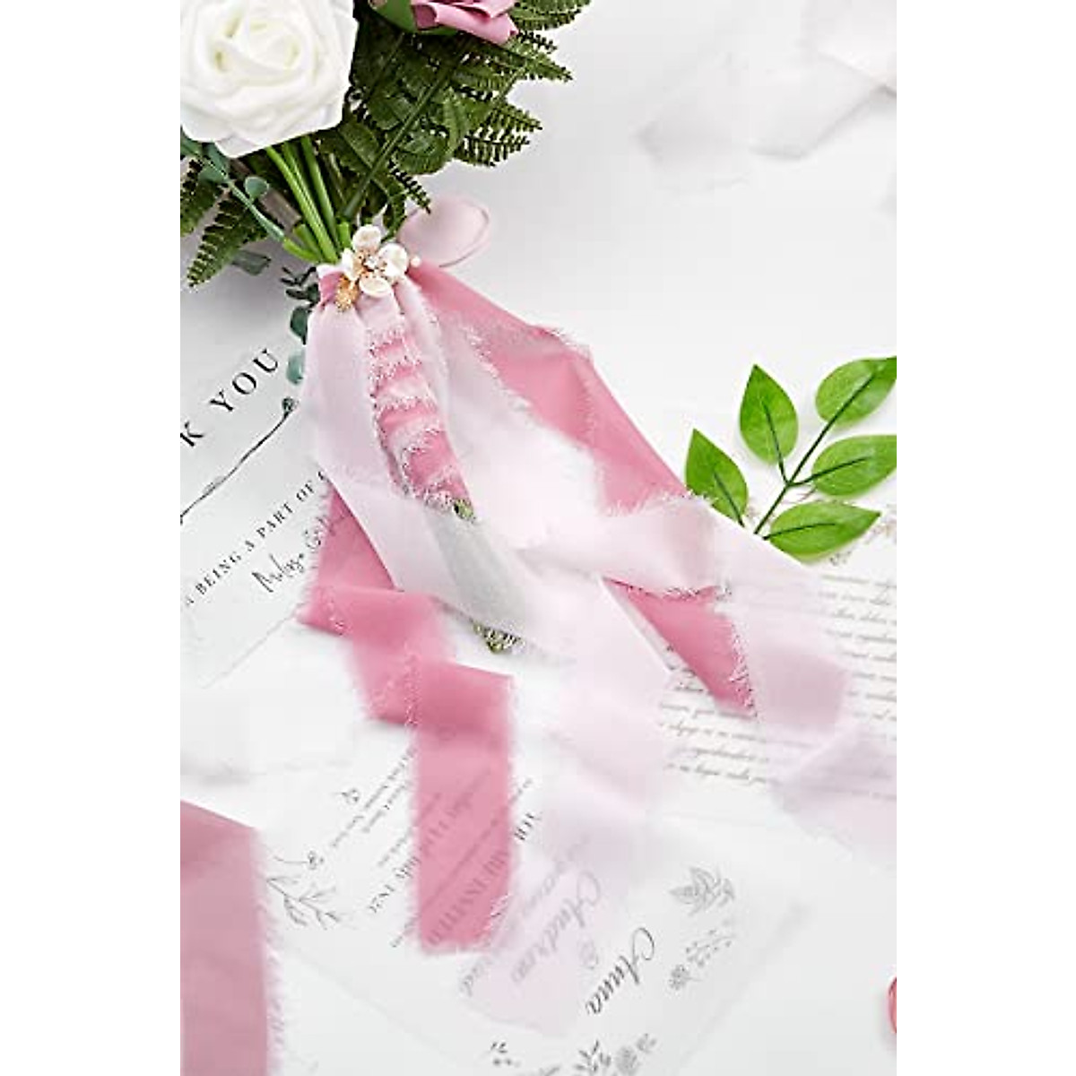 Serwalin Fringe Pink Chiffon Ribbon Silk Ribbon Set for Gift Wrapping 1.5" 6 Yd Fringe Frayed Edges Boho Wedding Ribbon Set for Bouquets Wrap,Wedding Invitations, Gifts Wrapping, Blush Pink