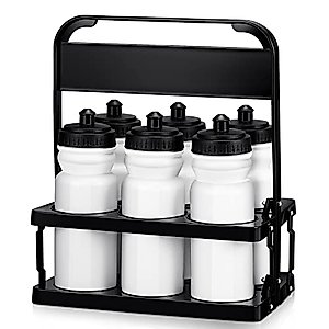 Water Bottle Carrier with 6 Bottles 20 oz Wide Mouth Water Bottles Plastic Sports Water Bottle Squeeze Water Bottles with Black Lid Team Water Bottles with Carrier for Fitness Bike Gym (White)