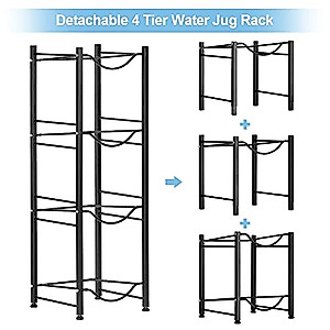 Water Jug Rack for 5 Gallon, Heavy Duty Water Cooler Jug Bottle Holder Save Space Detachable Water Bottle Plastic Glass Carrier Storage Shelf Organizer, 4-Tier, Black