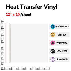 RENLITONG White HTV Iron on Vinyl 12Inch by 10ft Roll HTV Heat Transfer Vinyl for T-Shirt HTV Vinyl Rolls for All Cutter Machine - Easy to Cut & Weed for Heat Vinyl Design