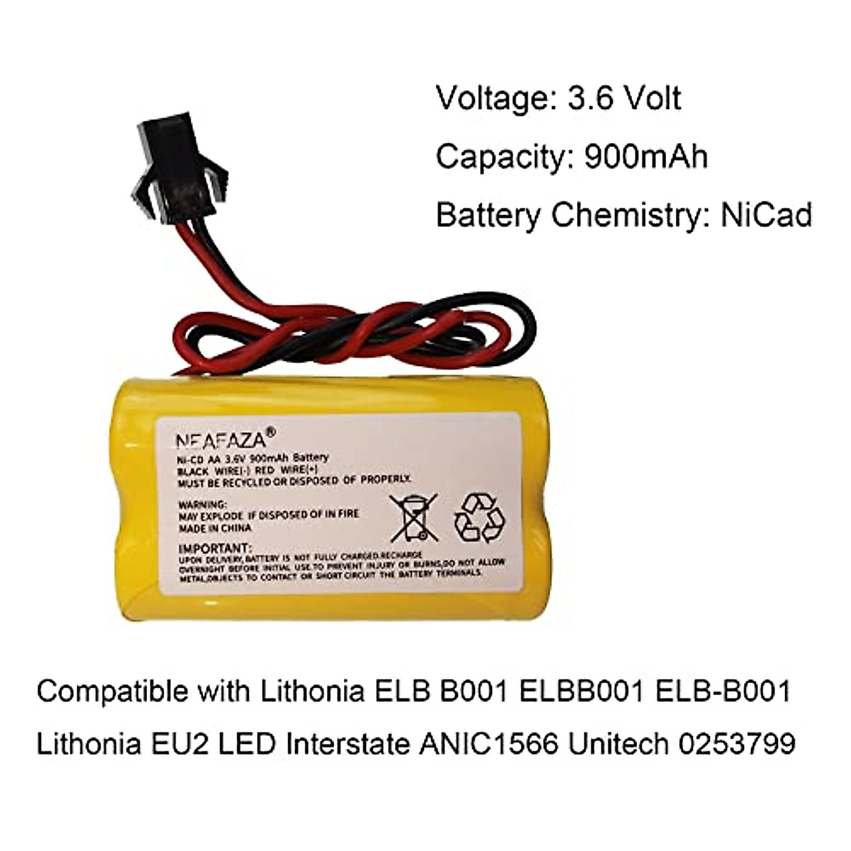 NEAFAZA 3.6V 900mAh NiCd Exit Sign Emergency Light Battery Replacement Compatible with Lithonia ELB B001 ELBB001 ELB-B001 Lithonia EU2 LED Interstate ANIC1566 Unitech 0253799(2 Pack)