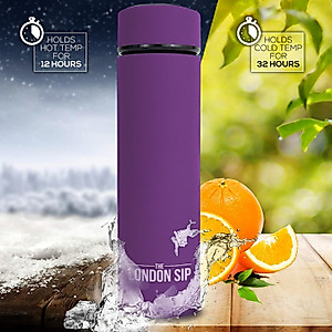 London Sip Multi-Purpose Travel Mug and Tumbler Fruit Infused Flask Hot and Cold Double Wall Stainless Steel Thermos with Extra-Long Infuser, Purple