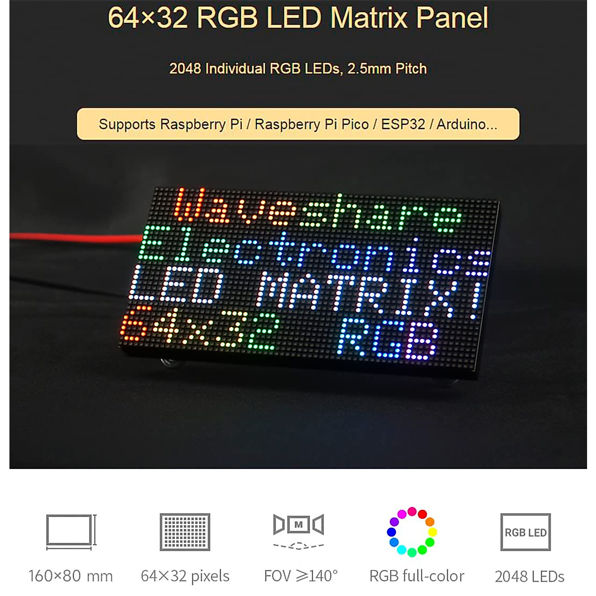 64x32 2048 RGB Full Color LED Matrix Panel 2.5mm Pitch P2.5, Display Text/Colorful Image/Animation Adjustable Brightness Chainable Design,Compatible with Raspberry Pi / Raspberry Pi Pico / ESP32