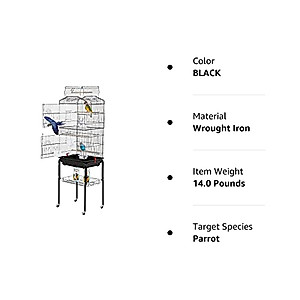 BestPet 64 inch Wrought Iron Bird Cage for Parakeets Medium Small Parrots Parakeet Cage with Detachable Rolling Stand & Play Open Top for Cockatiels Lovebird Finches Canaries (Black)