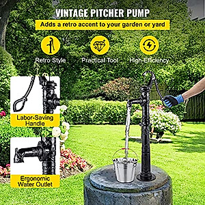 VEVOR Hand Water Pump Cast Iron, Vintage Pitcher Pump & Pump Stand 26‘’ Height, Max 20ft Pump Depth, Easy Installation, Heavy-duty Well Pump, Antique Pitcher Water Pump for Yard, Garden, Farm, Black