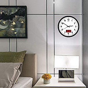 KWANWA 14 Inch Wall Clock with 1.34 inch LED Digital Time/Temperature Display, Battery Powered