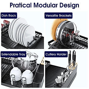 Dish Drying Rack, Expandable(19.3"-26") Dish Rack with Drainboard Set, Extra Large Rustproof Drying Rack for Kitchen Counter, Big Dish Drainers Dryer Racks for Dishes Drain with Utensil & Knife Holder