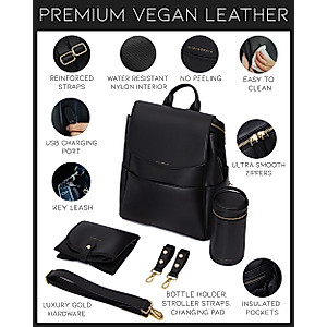 MIA + SOPHIA Leather Diaper Bag Backpack with Changing Pad, Stroller Straps, Bottle Holder (Black Olivia)