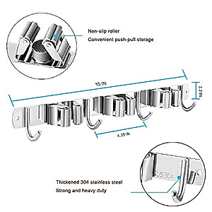 Nlmyt 2Pcs Broom Holder Wall Mount, Broom Organizer Wall Mount, Stainless Steel Mop Holder, Broom Hanger, Heavy Duty Broom Rack for Home, Garage, Garden, Laundry Room (3 Racks 4 Hooks)