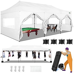 COBIZI 10x30 Heavy Duty Pop up Canopy with 8 sidewalls Stable Wedding Outdoor Tents for Parties Canopy Pop Up Party Tent UPF 50+ Waterproof Commercial Gazebo with Roller Bag, White(Windproof Upgraded)