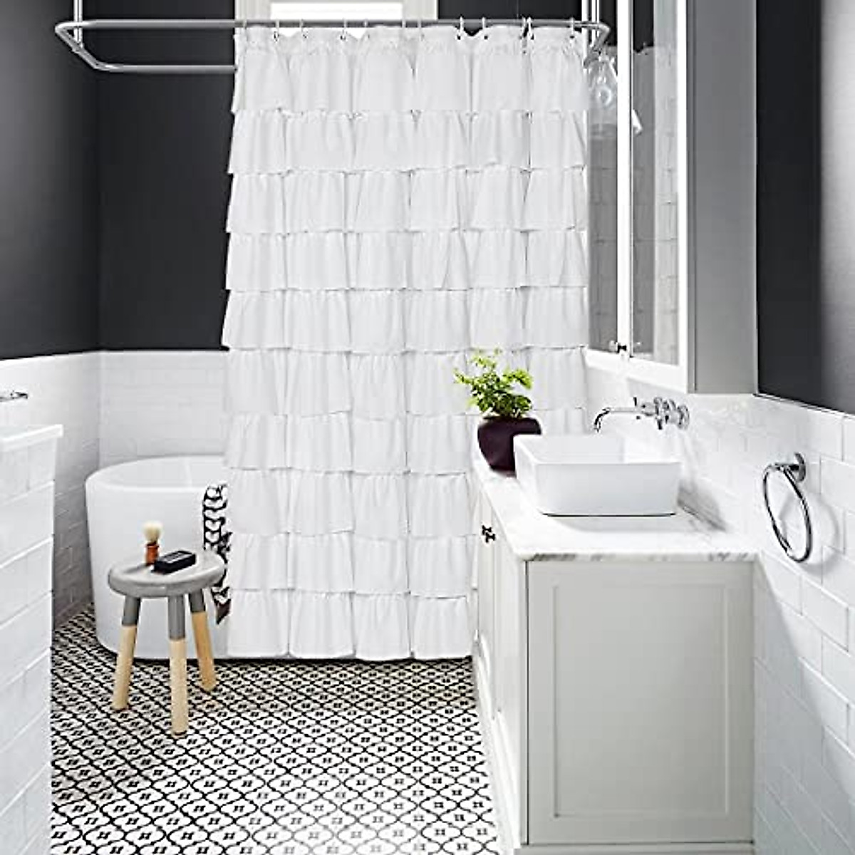 Volens White Shower Curtain Fabric/Ruffle for Bathroom,70in Long