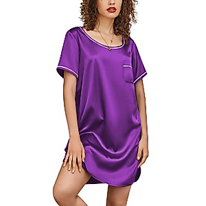 Ekouaer Women Satin Night Dress Silk Cozy Pajama Shirt Scoop Neck Nightshirt Short Sleeve Nightwear for Shower Purple Medium