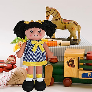 LOVE & HUG 17" African American Black Doll | Stuffed Soft Plush Doll with Blue Dress and Soft Yarn Hair for Kids and Toddlers to Love and Hug | Gift for Birthday, Christmas