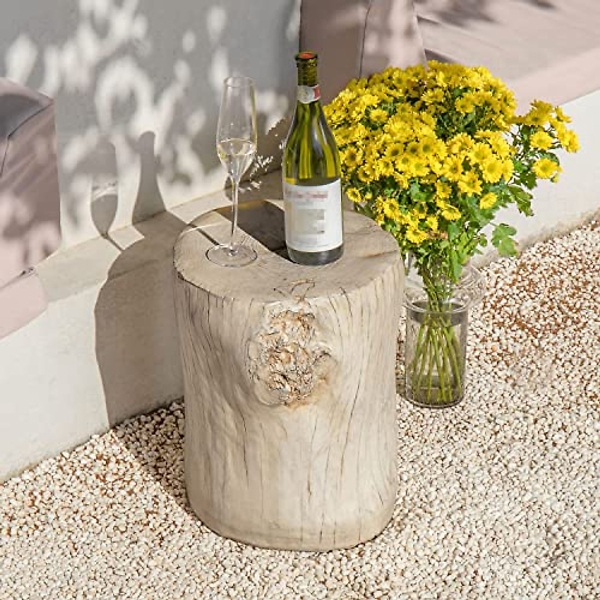 COSIEST Outdoor Antique Beige Side Table Faux Wood, Hand-Painted Wood Stump Stool, Ottomans, Plant Stand, Deck or Garden