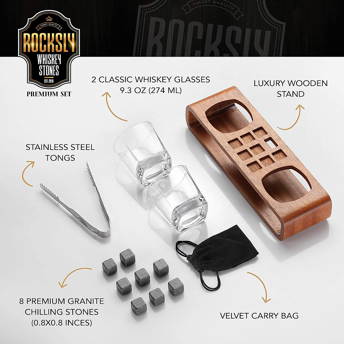 ROCKSLY Whiskey Stones Gift Set with Stand | Handcrafted Whiskey Glass Set Granit Whiskey Rocks for Perfect Drink | Whiskey Gift Set & Whiskey Kit | Best Whisky Stones Glass Set for Men dad (Mahogany)