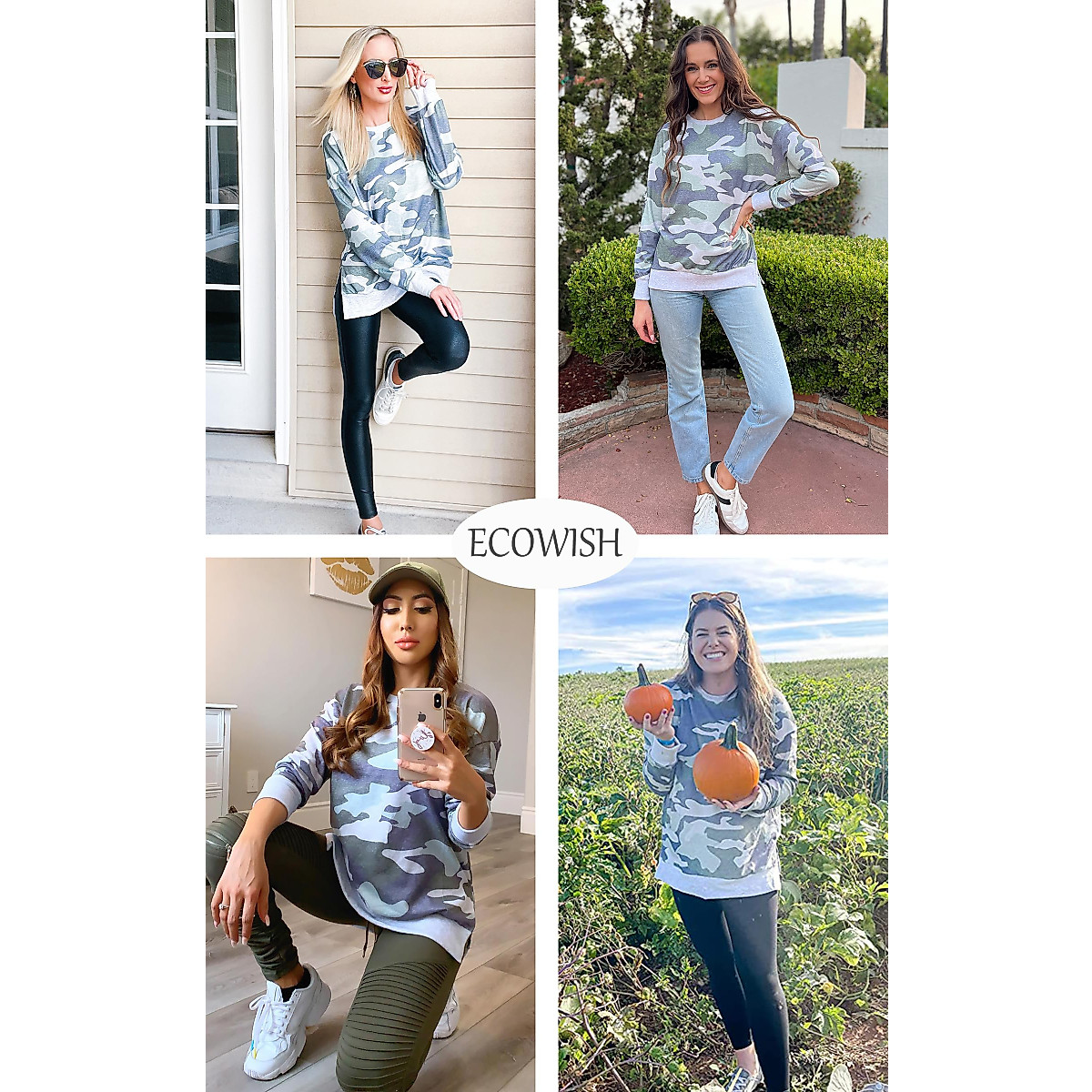 ECOWISH Women Side Split Sweatshirt: Fall Crewneck Long Sleeve Oversized Camo Shirts Casual Camouflage Print Pullover Tops 017 Gray Green M