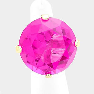 Rosemarie & Jubalee Women's Stunning Round Cut Fuchsia Pink Crystal On Gold Tone Stretch Band Statement Cocktail Ring Jewelry Bling, 1.5"