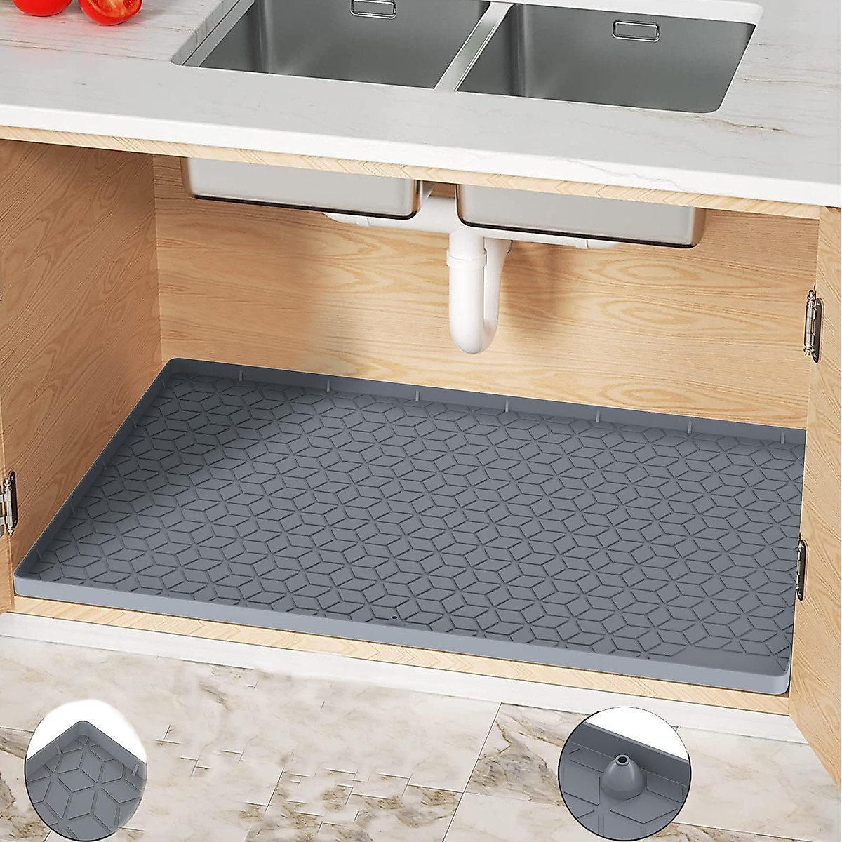 Under Sink Mat for Kitchen, Silicone Waterproof Liner, Flexible Organizer Tray with Drain Hole, 3.3 Gallons Capacity, Easy to Clean (Gray, 34x22)