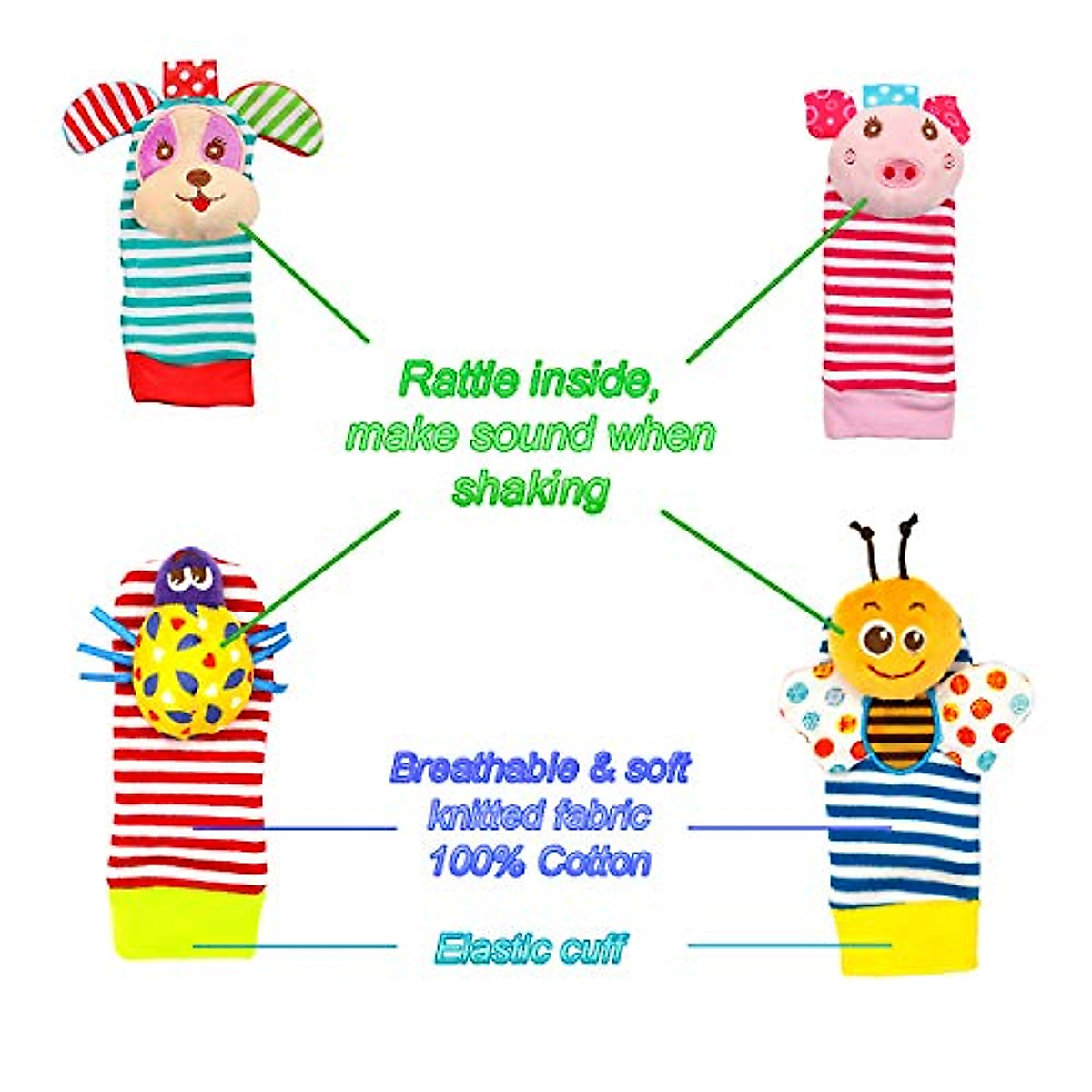 8 PCS Baby Rattle Toy Set, Wrist Rattles Foot Finder Rattle Sock, Arm Hand Bracelet Rattle, Feet Leg Ankle Socks,Present Gift for Newborn Infant Babies Boy Girl (8 pcs-A)