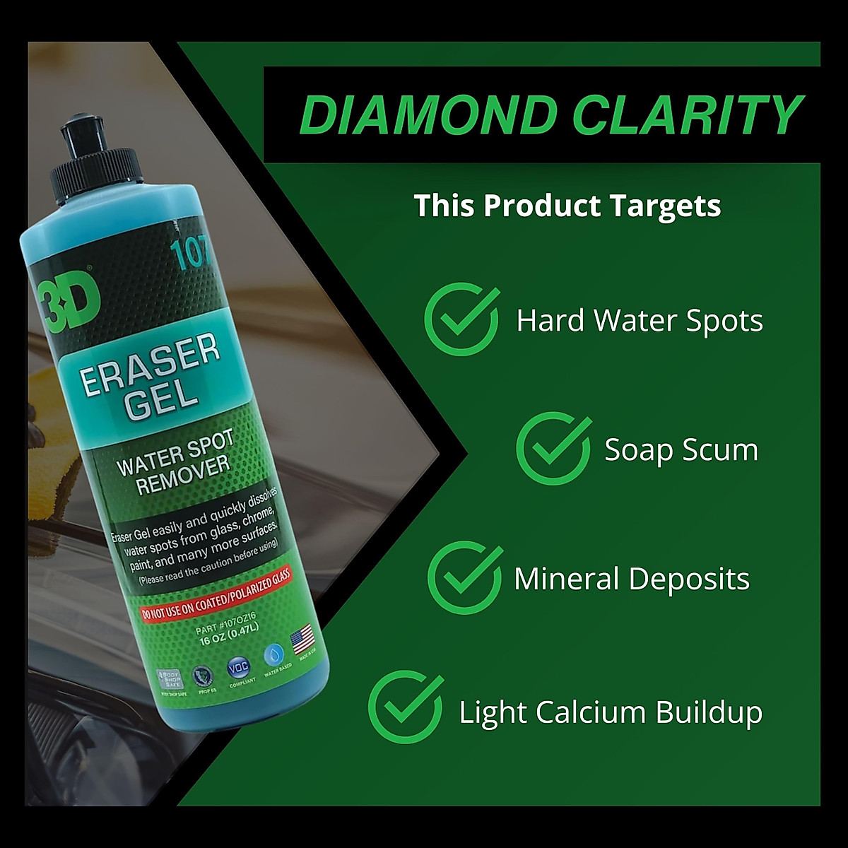 3D Eraser Gel Hard Water Spot Remover - 16 oz. - Hard Water Stain Remover for Cars, Glass, and Paint - All Natural Shower Door Cleaner - Cleans Mirrors, Windows, Chrome Surfaces, and More